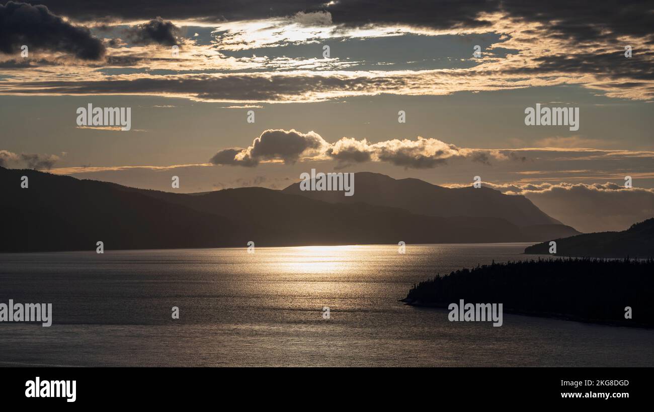 Canada, Labrador, Newfoundland, Scenic view across bay to Gros Morne ...