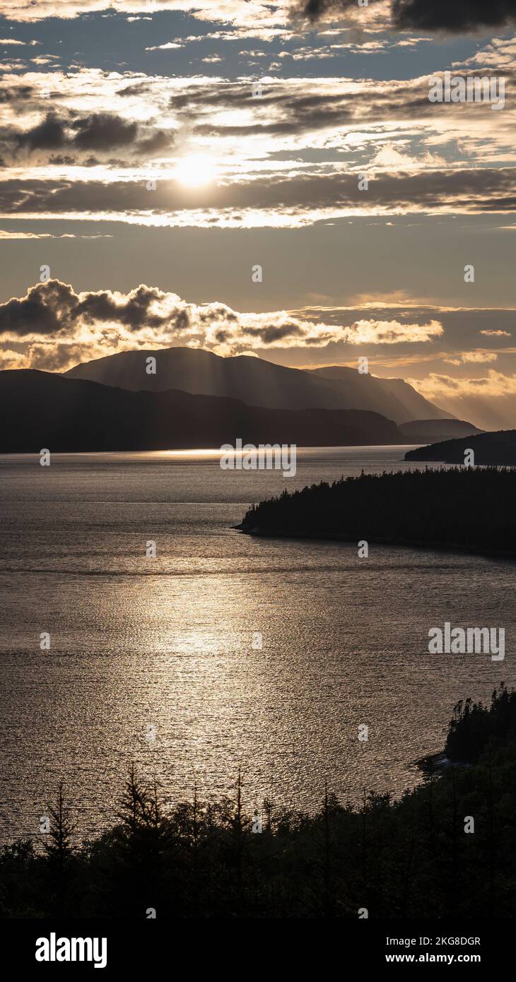 Canada, Labrador, Newfoundland, Scenic view across bay to Gros Morne ...