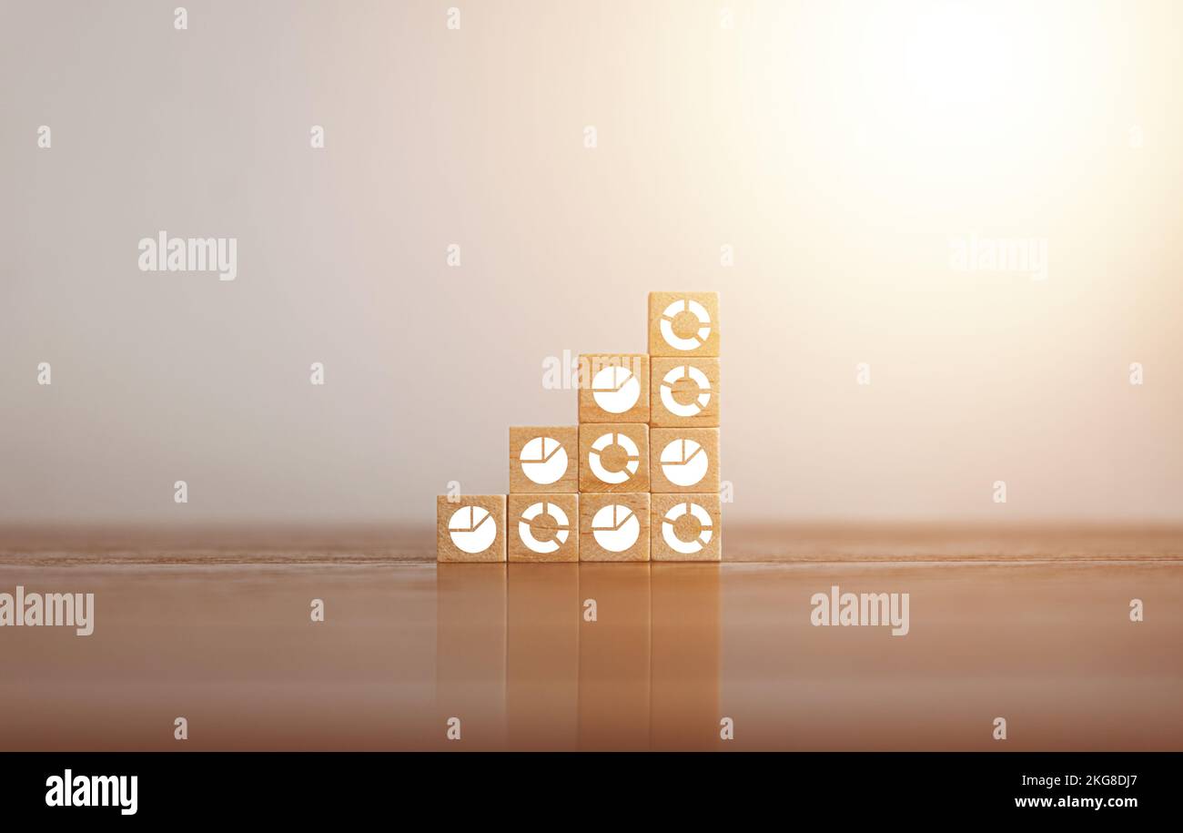 Woods block square step with pie chart. Growing and statistics graph ...