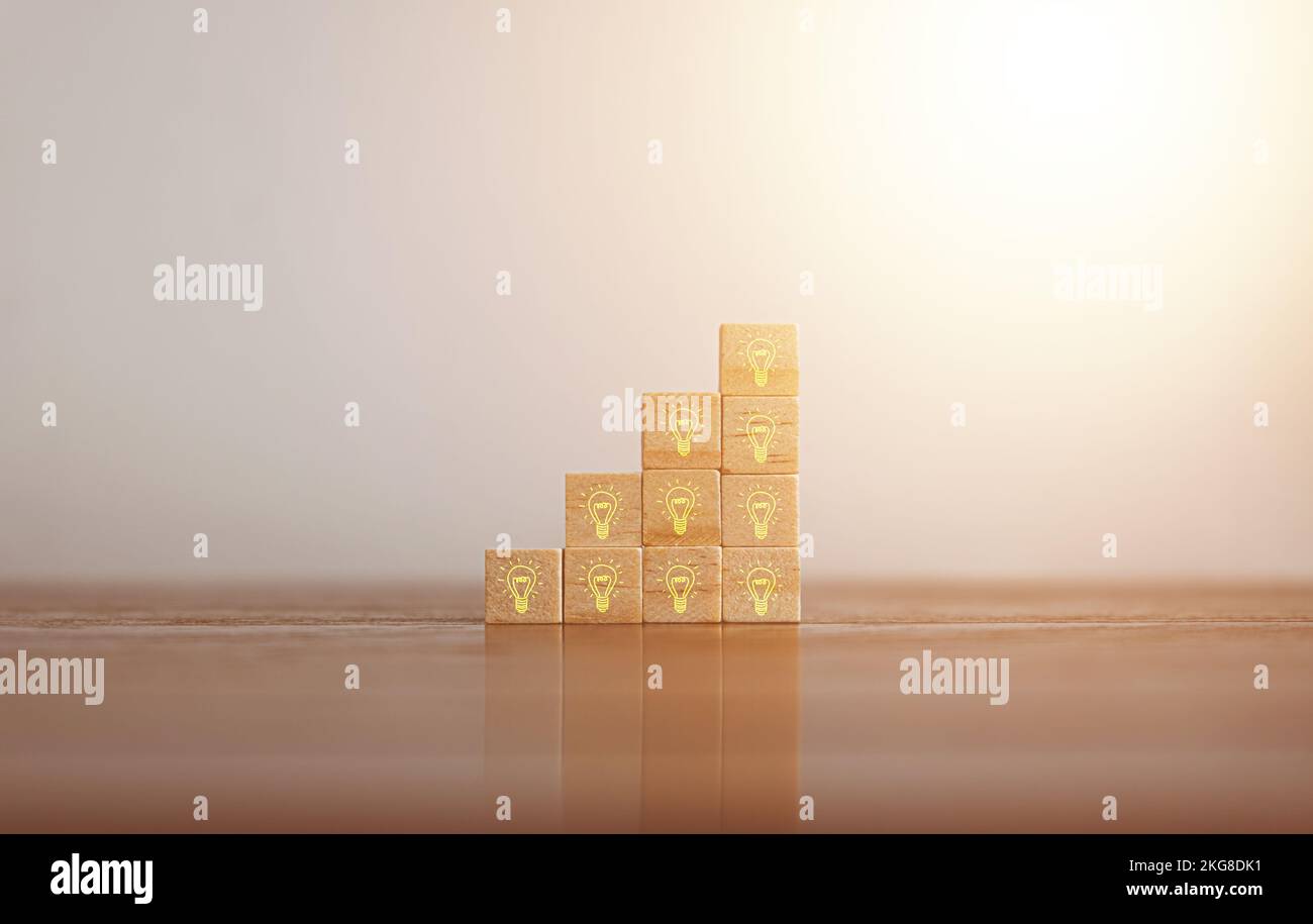 Woods block square step with yellow virtual lightbulb. New ideas ...