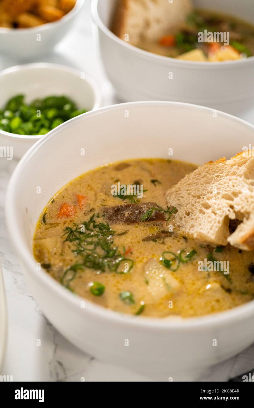 Creamy wild mushroom soup Stock Photo - Alamy