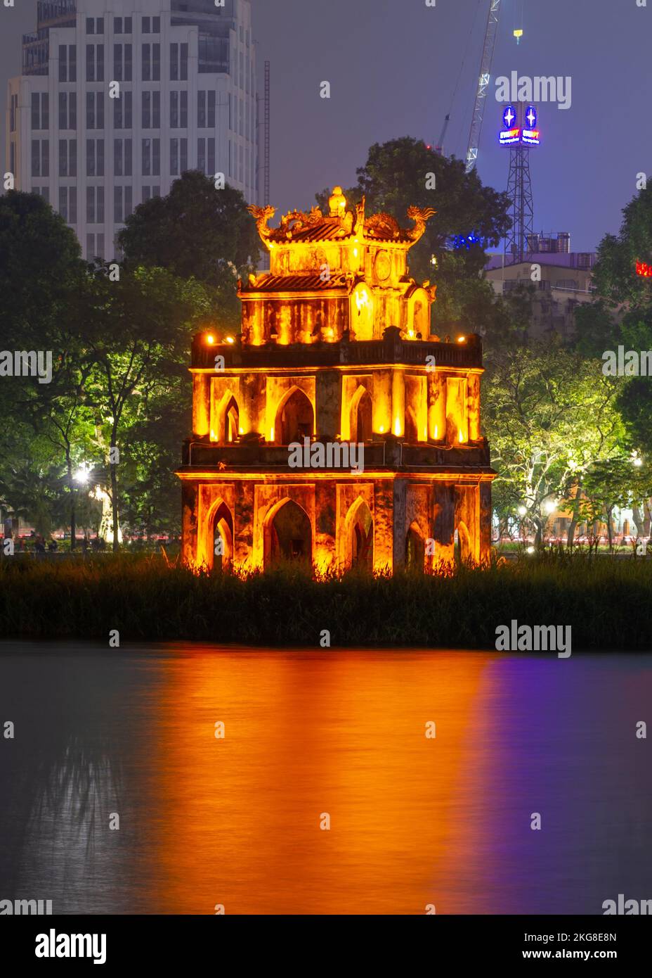 The illuminated Turtle Tower on the Hoàn Kiếm Lake, Hanoi, Vietnam ...