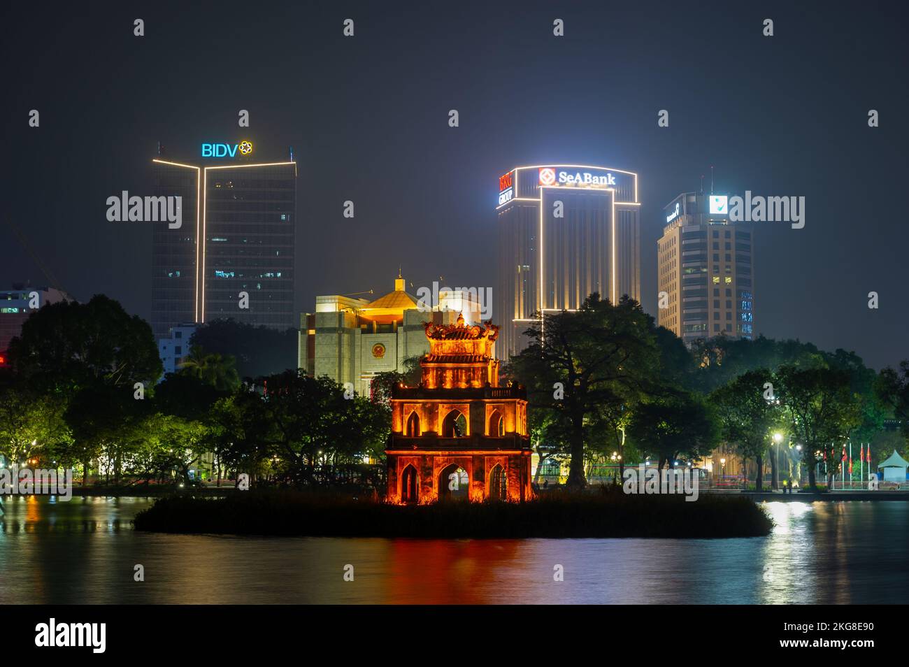 The illuminated Turtle Tower on the Hoàn Kiếm Lake, Hanoi, Vietnam ...