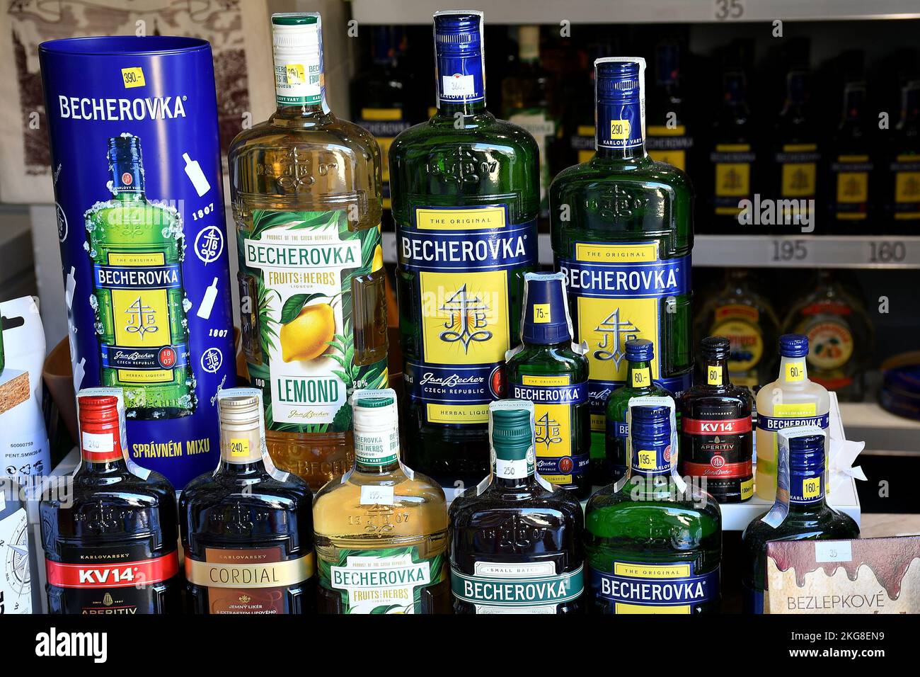 Bottles of different types of Becherovka in a souvenir stand in Karlovy Vary. (CTK Photo/Petr ...