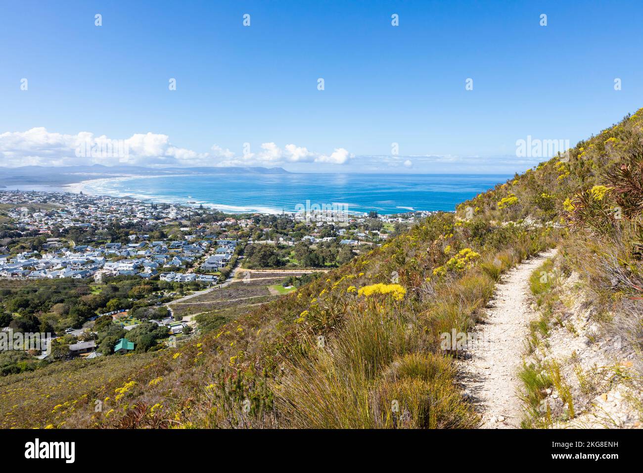 South Africa, Hermanus, Town and sea coast seen from hiking trail Stock ...