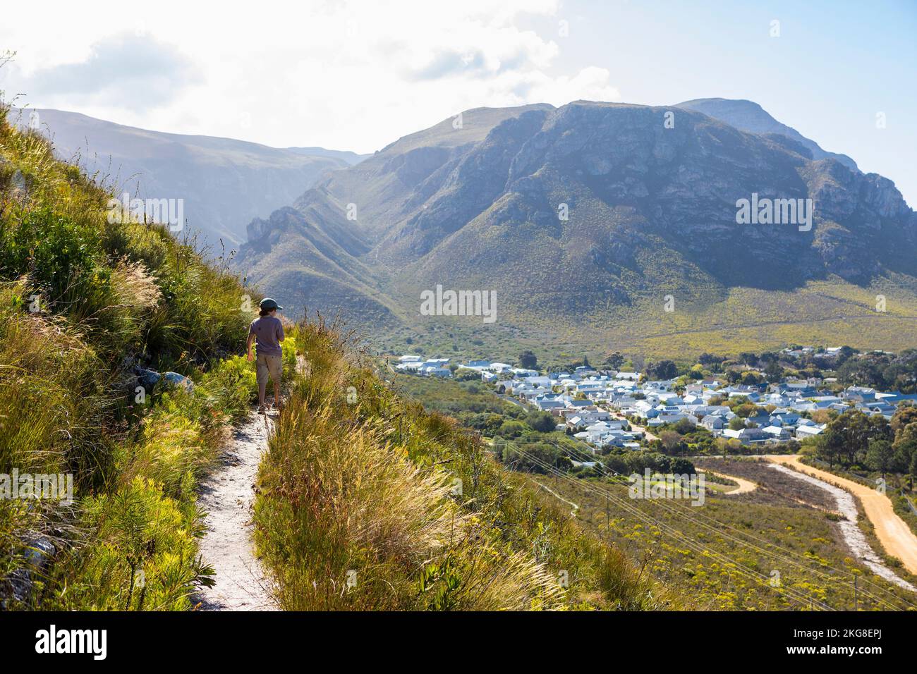 South Africa, Hermanus, Boy (8-9) looking at small town from hiking ...
