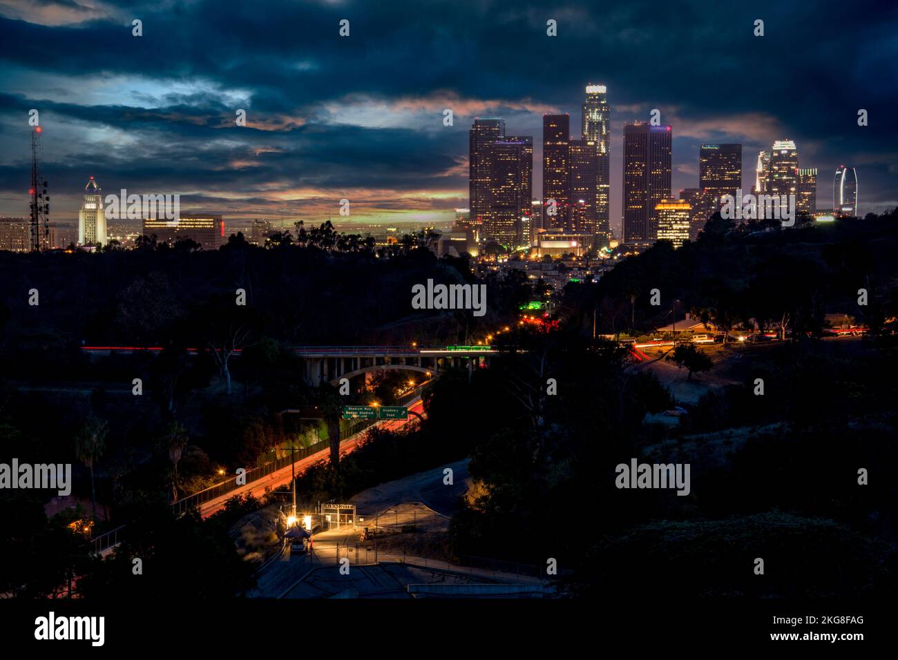 The Los Angeles city lights with a display of its skyscrapers, downtown ...