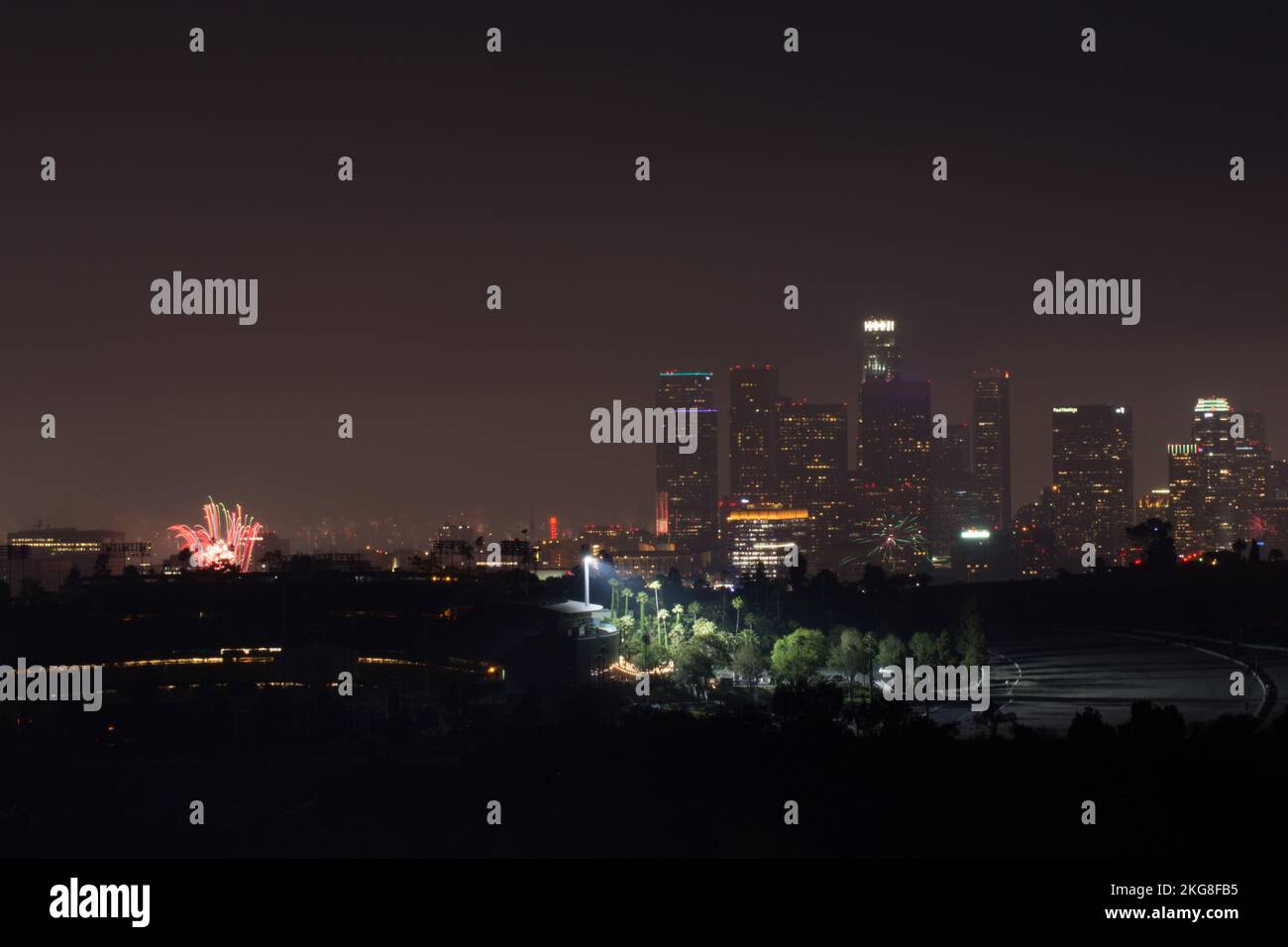The Los Angeles city lights with a display of its skyscrapers, downtown ...