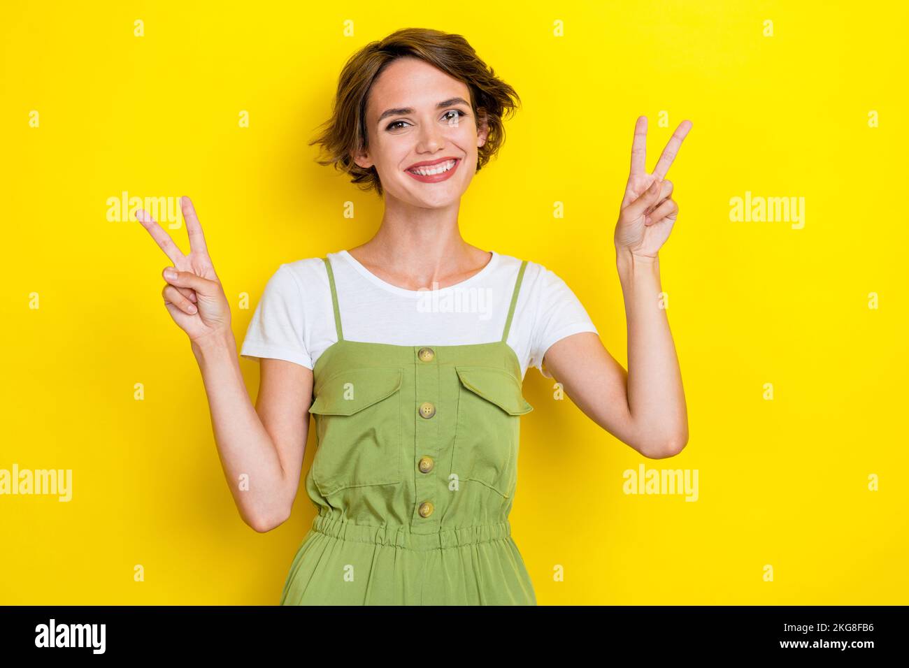Portrait of gorgeous funny cute woman with bob hairstyle dressed khaki ...