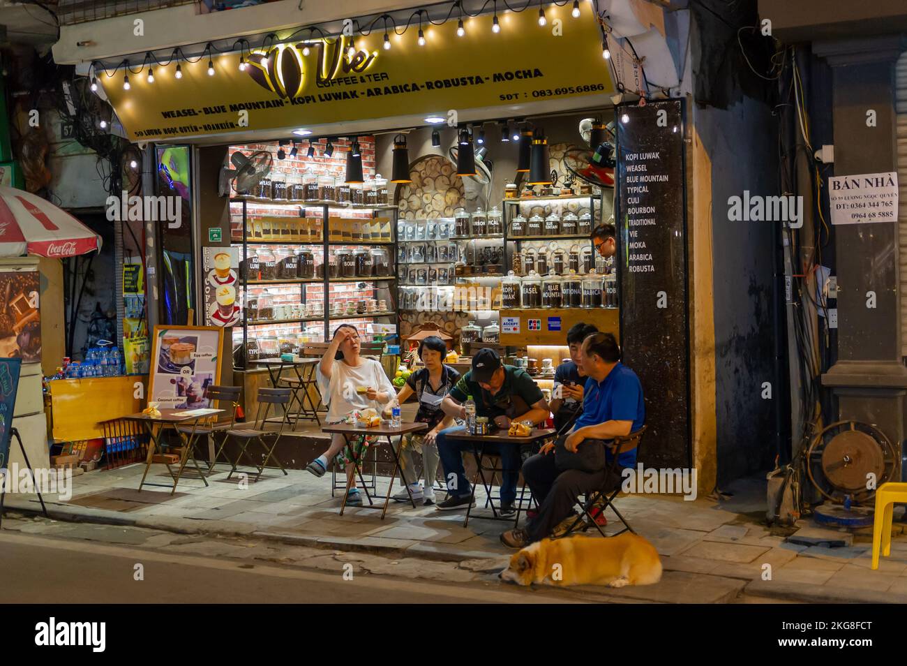 Vietnamese Coffee Shop at night in the Old Quarter, Hanoi Stock Photo ...