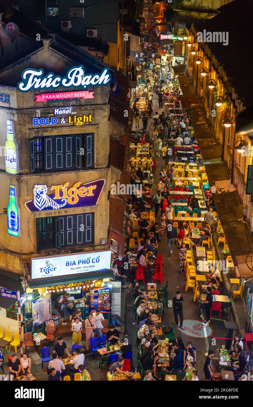 Ta Hien, Hanoi Pub Street packed with tourists at night, taken from ...