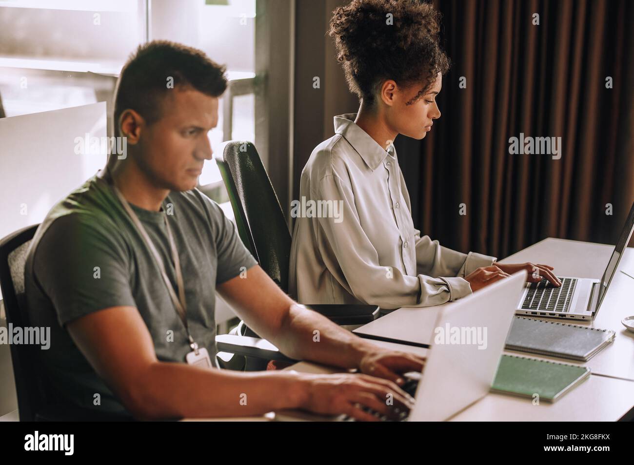 Two serious concentrated colleagues typing on their laptops Stock Photo ...