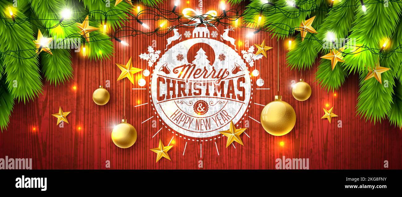 Merry Christmas and Happy New Year Illustration with Gold Glass Ball ...