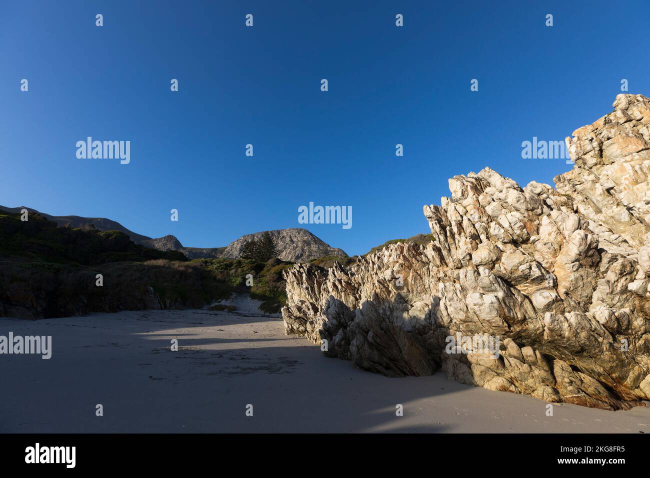 South Africa, Hermanus, Clear sky above rocky Voelklip Beach Stock ...