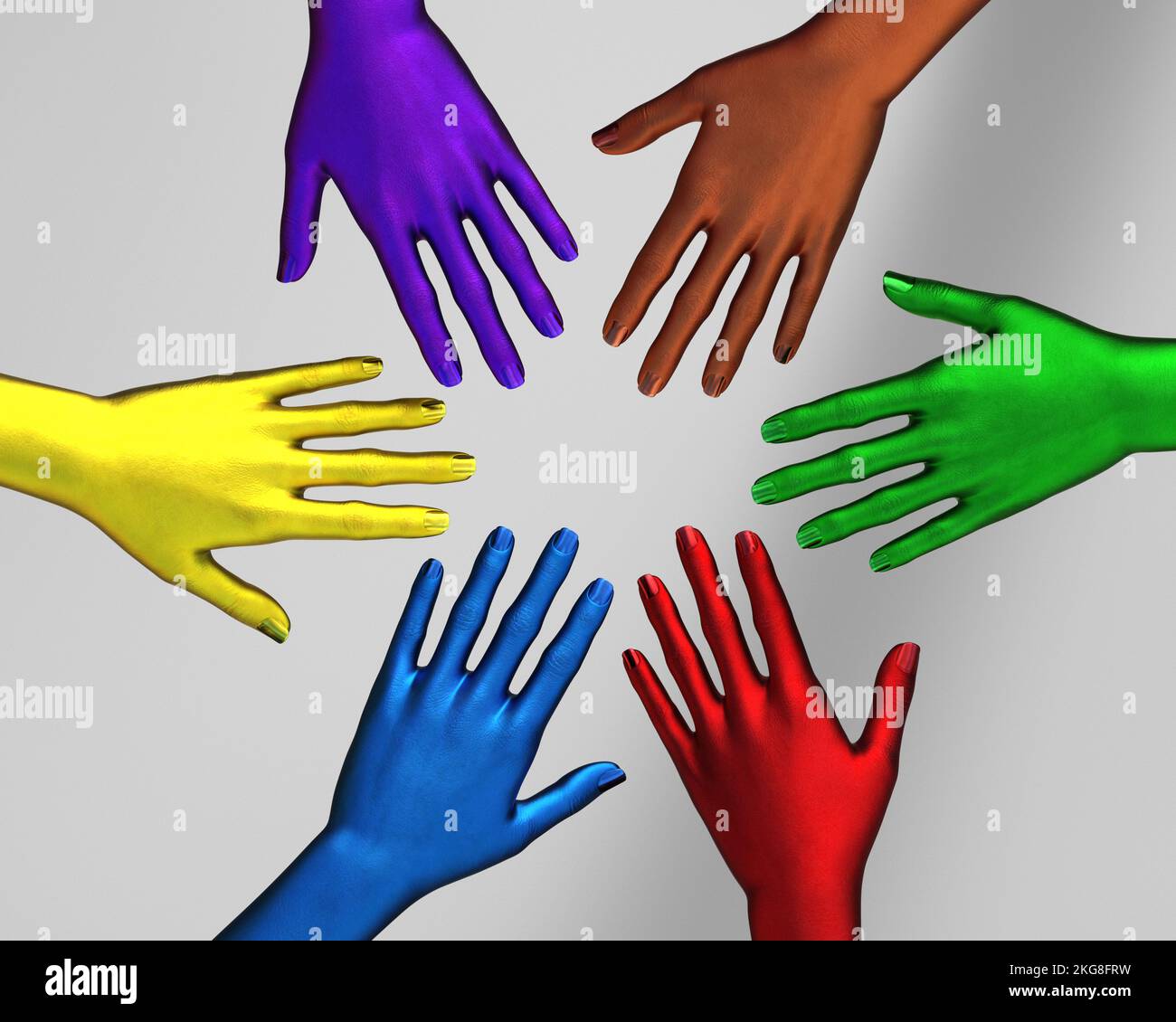 Multi-colored female hands on top of each other as a team. 3d ...