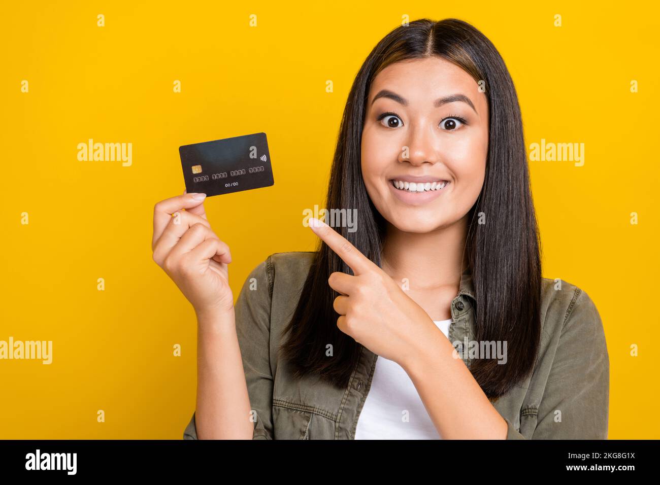 Portrait of excited impressed positive woman long hairdo wear khaki ...