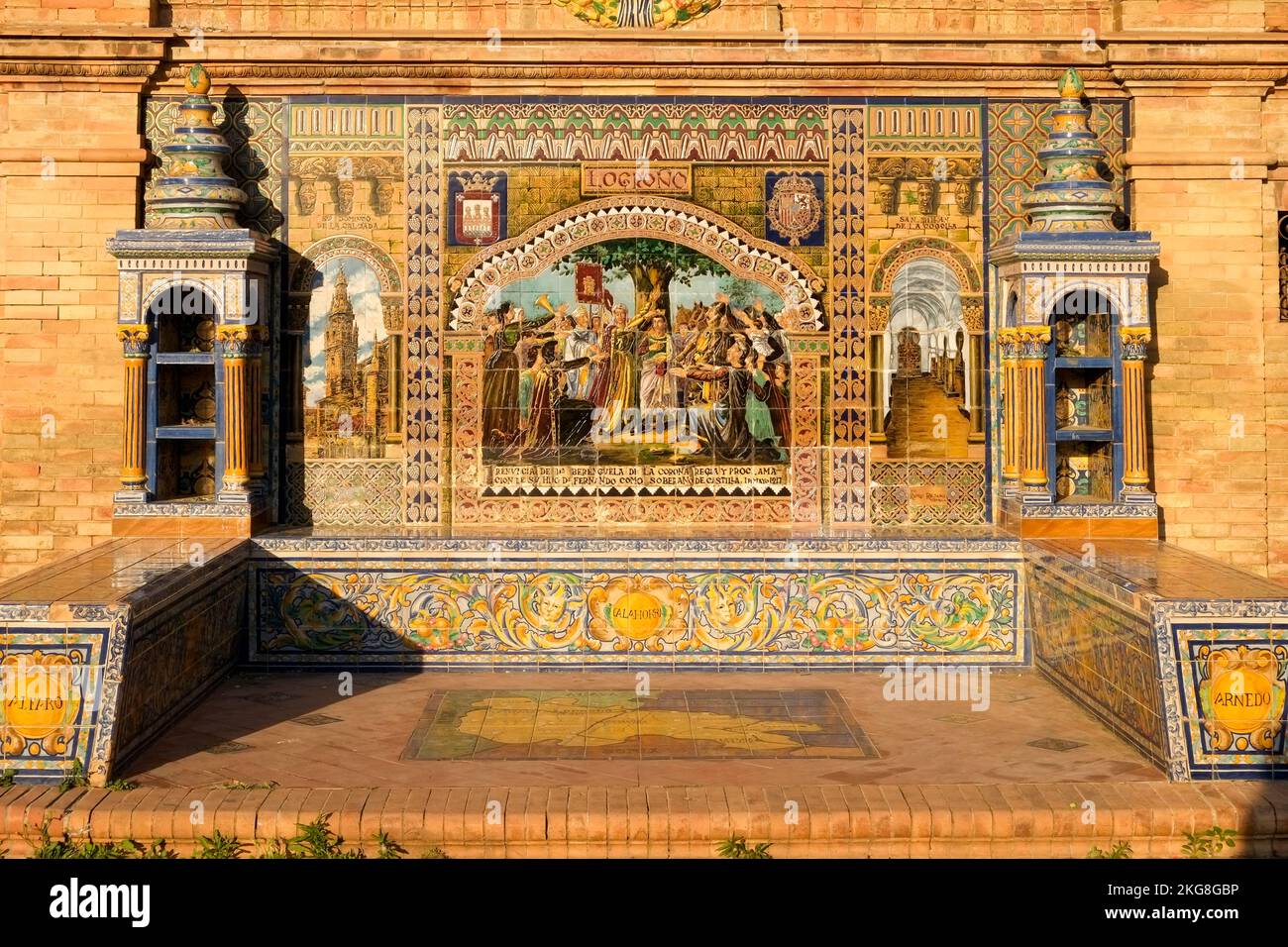 Spain, Seville, Decorative tiles on bench at Plaza de Espagna Stock ...