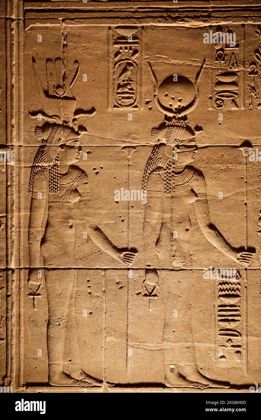 Egypt, Island of Philea, Close-up of bas relief in Temple of Isis Stock ...