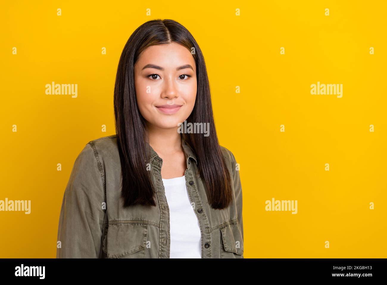 Photo of optimistic cute lovely adorable woman with straight hairdo ...