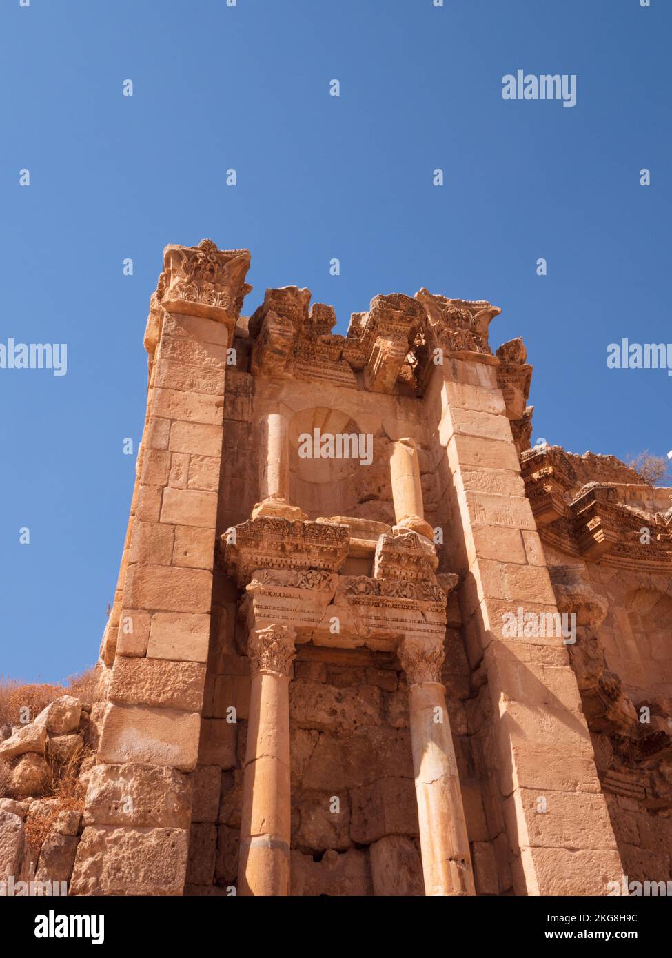Scenic view of ruins of old city, details of famous historical Roman ...