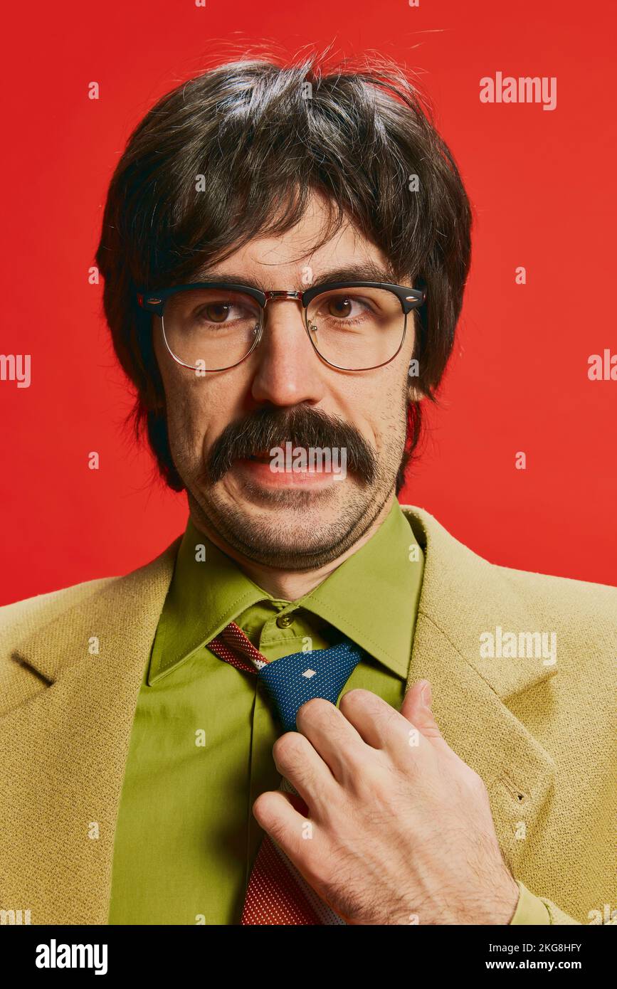 Close-up portrait of man with moustache emotively posing in vintage ...