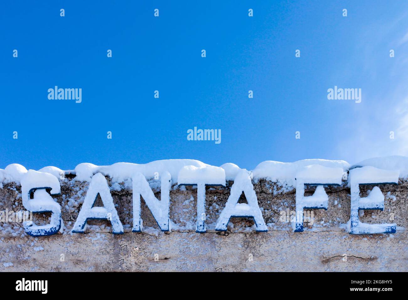 USA, New Mexico, Santa Fe, Train station sign on building wall Stock ...
