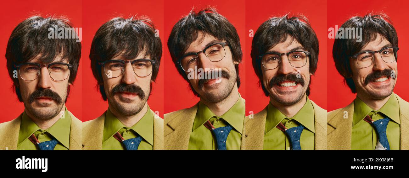 Collage. Portraits of man with moustache posing in vintage suit and ...
