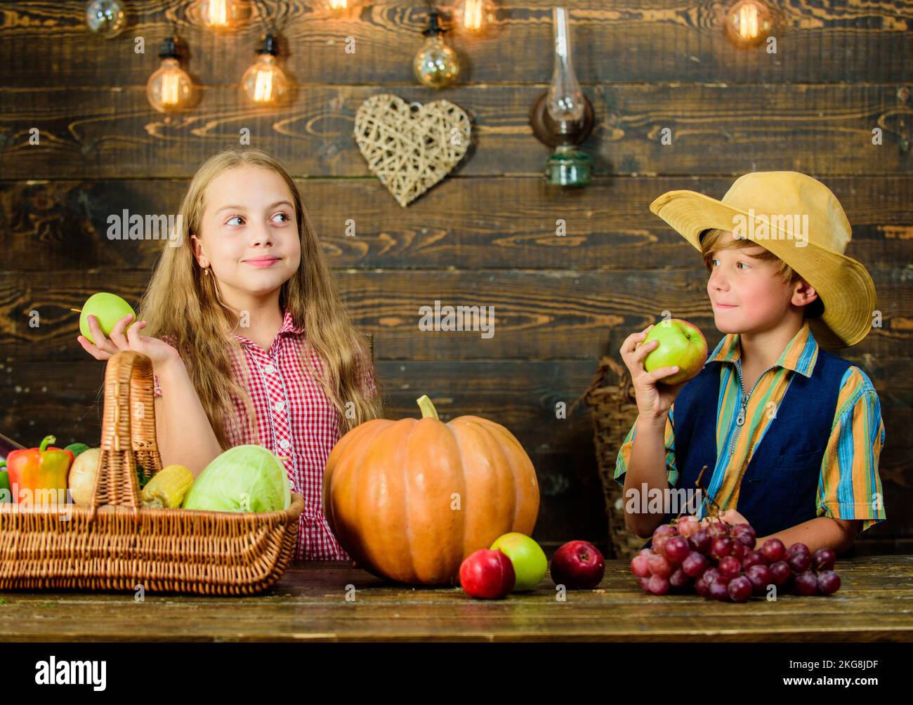 Kids girl boy fresh vegetables harvest rustic style. Children ...