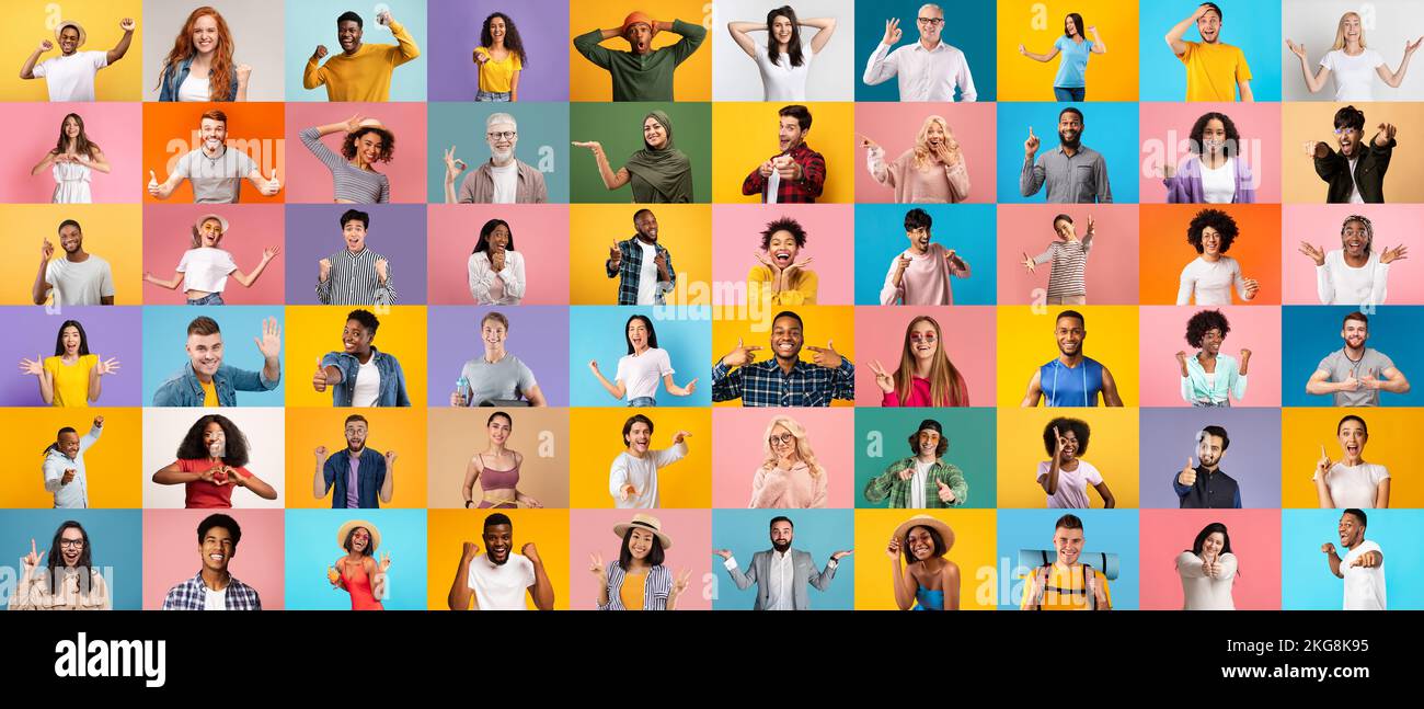 Mosaic Of Different Happy People Portraits Over Colorful Backgrounds ...
