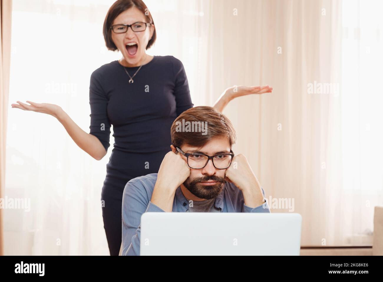 Portrait of attractive mad furious coworkers having fight crisis, scolding finance fail failure ...