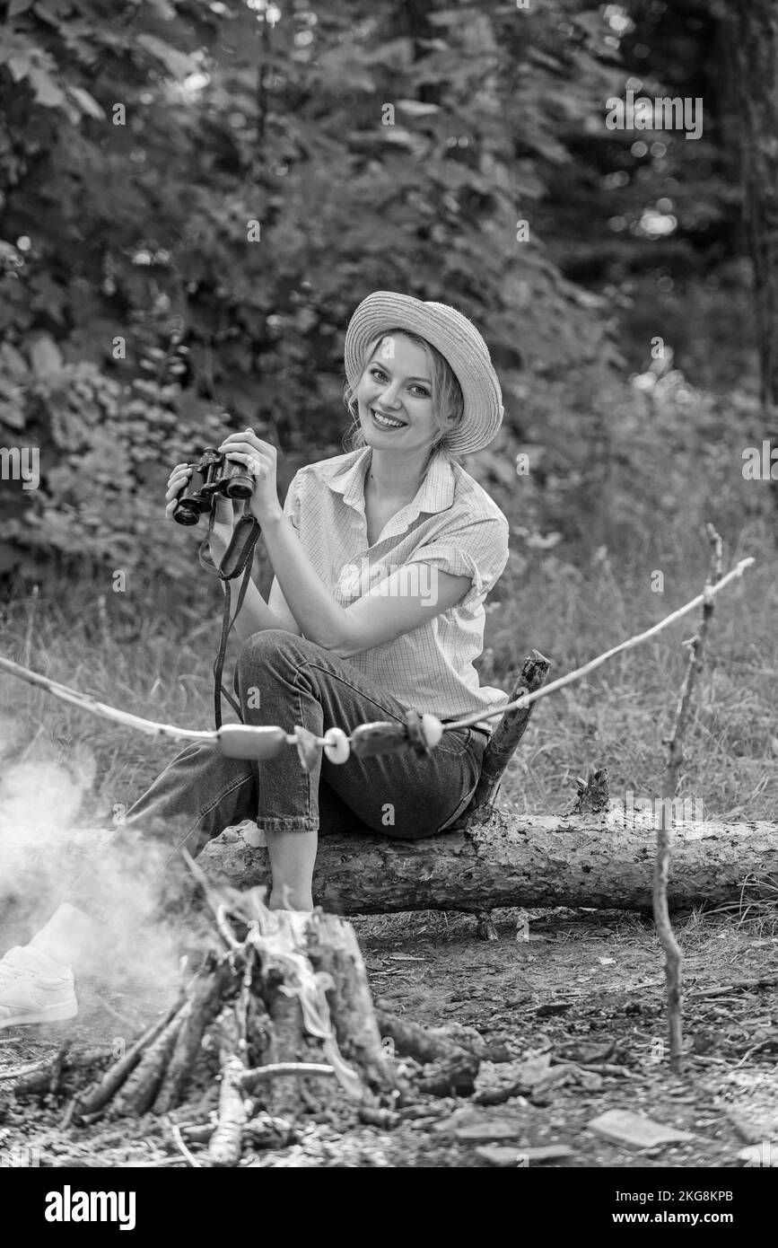 Observing nature concept. Girl ornithology expedition in forest. Girl ...