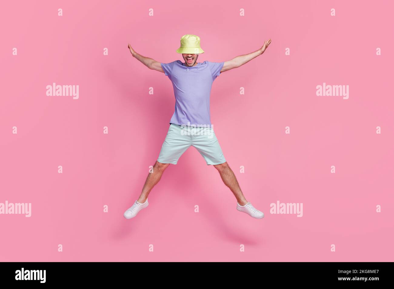 Full length photo of funny person boy wear stylish outfit jump swimming ...