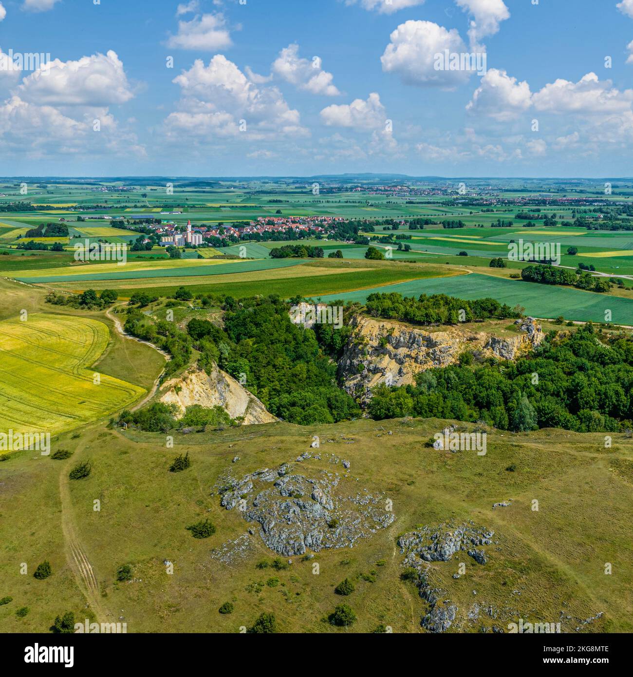 Aerial view to the Ofnet Caves on the border of the Ries Crater in ...