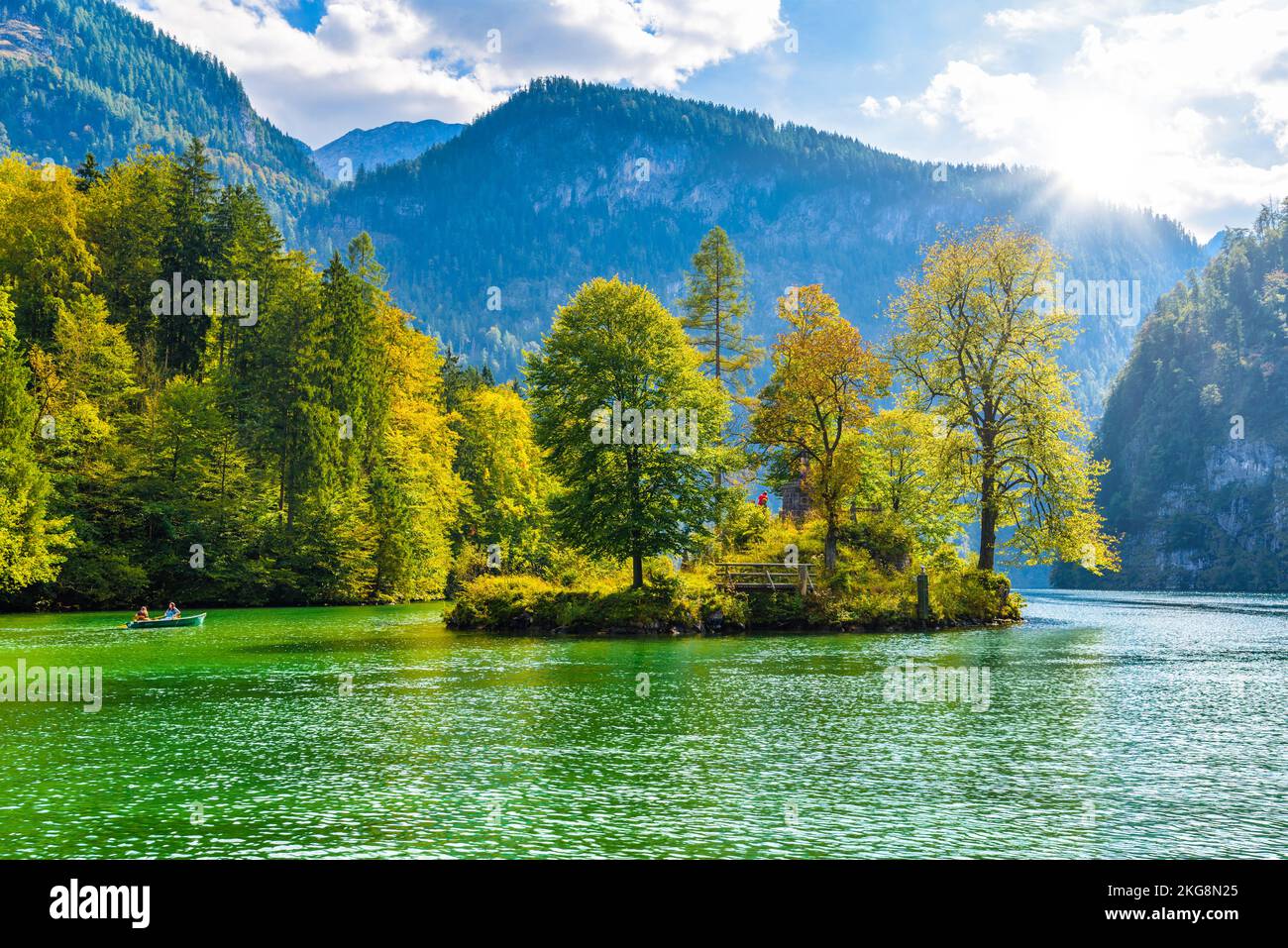 Small island with trees in the lake Koenigssee, Konigsee, Berchtesgaden ...