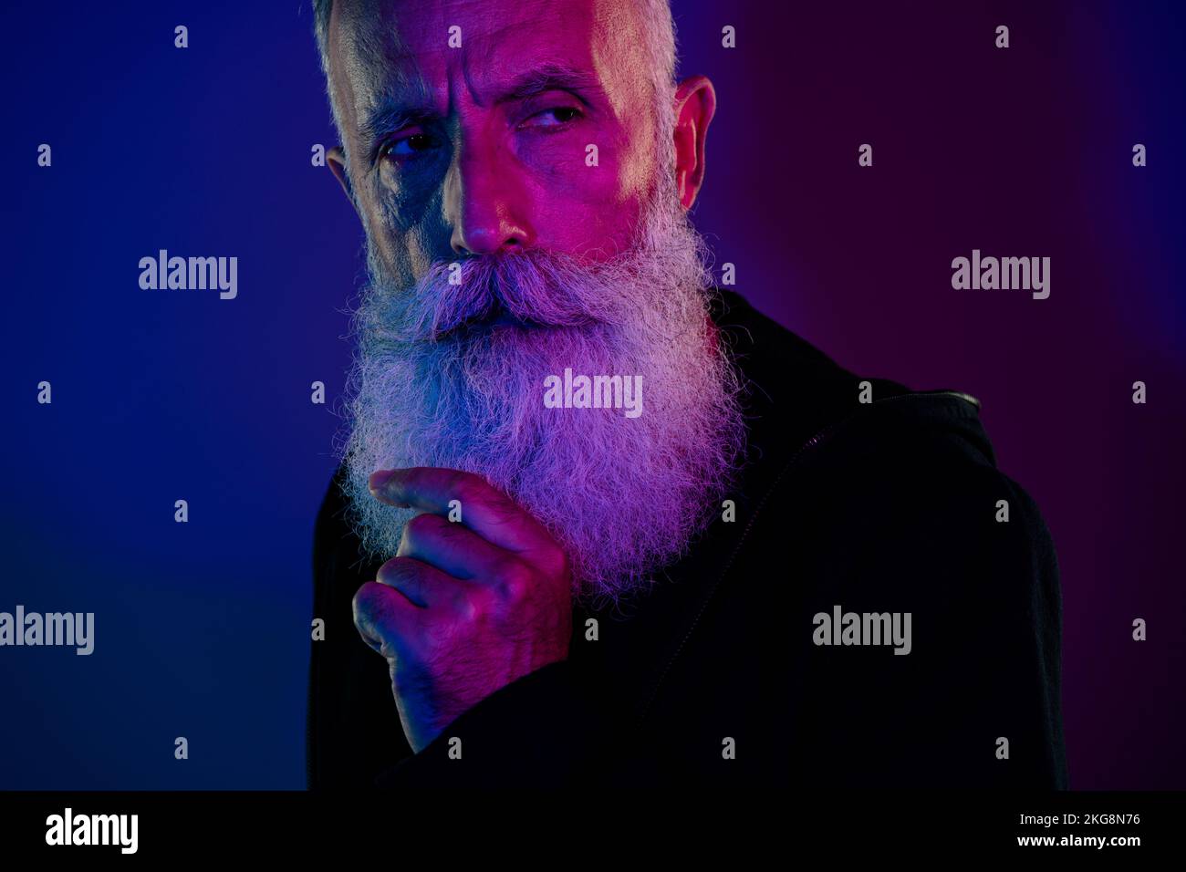 Photo of ponder pensive pensioner guy wear black hoodie thinking ...