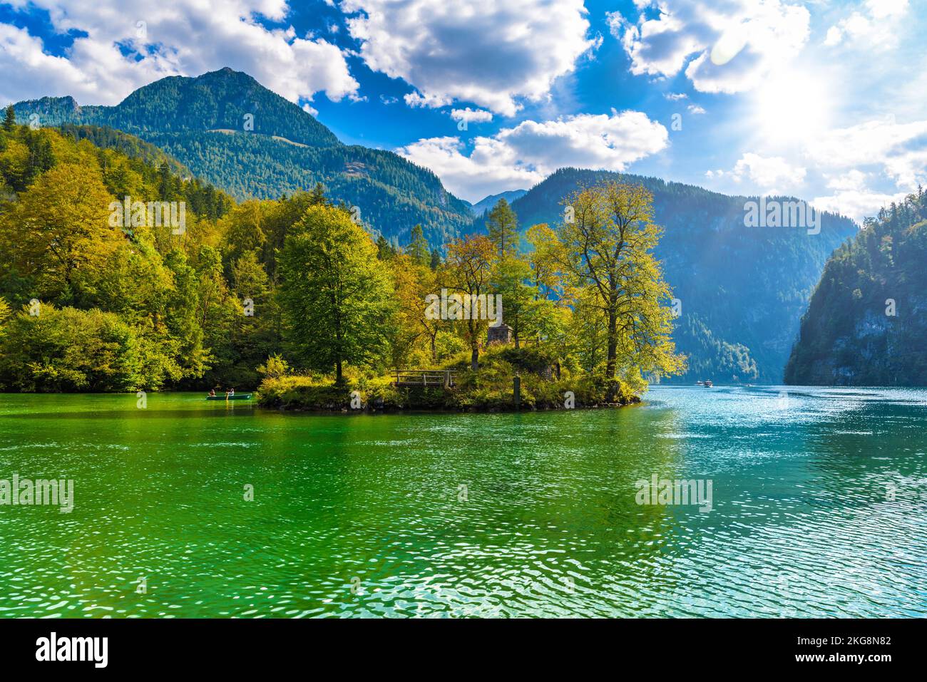 Small island with trees in the lake Koenigssee, Konigsee, Berchtesgaden ...