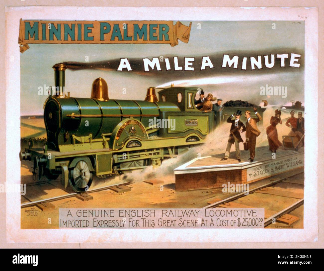 A vintage painted advertising poster for an English locomotive ' Minnie ...