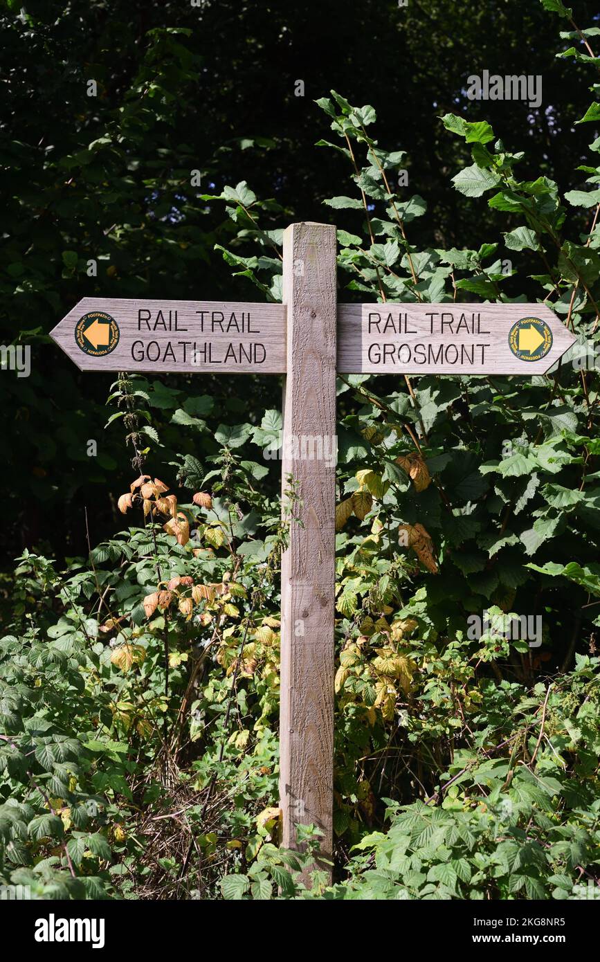 A signpost along the Rail Trail between Goathland and Grosmont, North ...