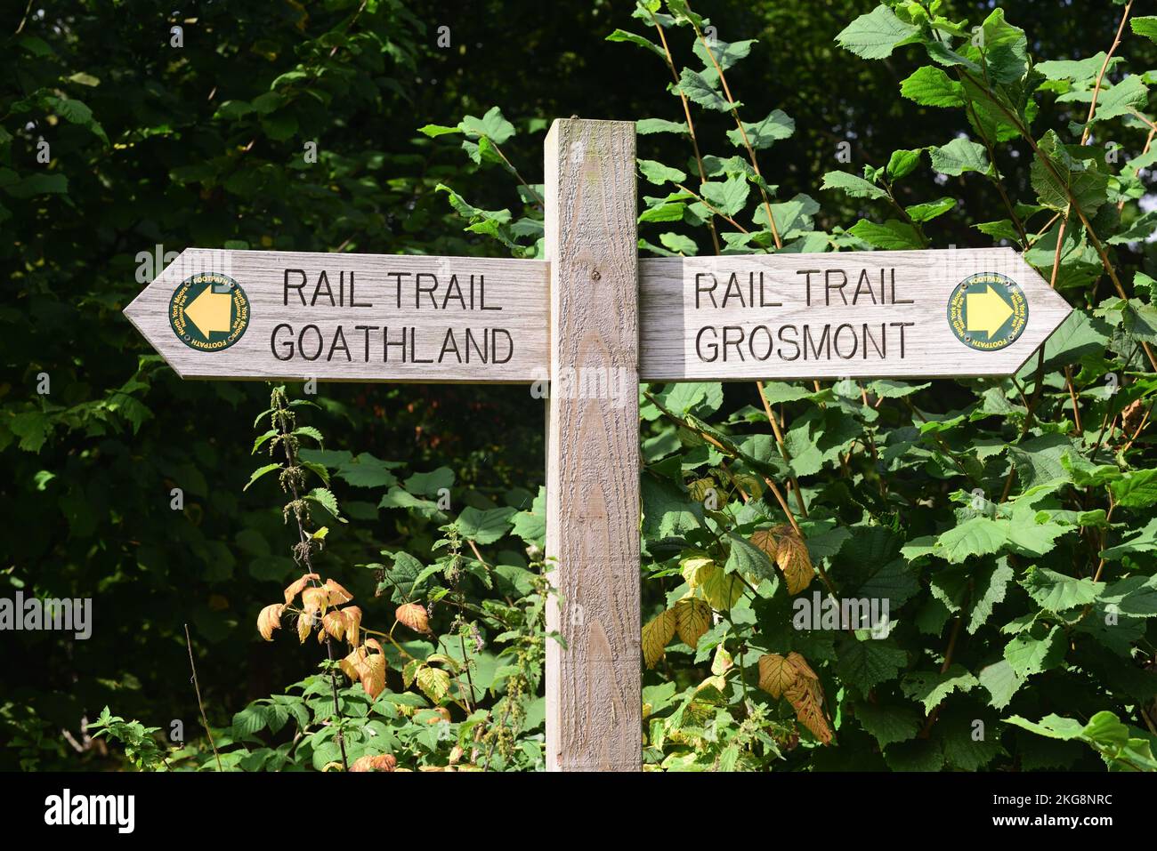 A signpost along the Rail Trail between Goathland and Grosmont, North ...