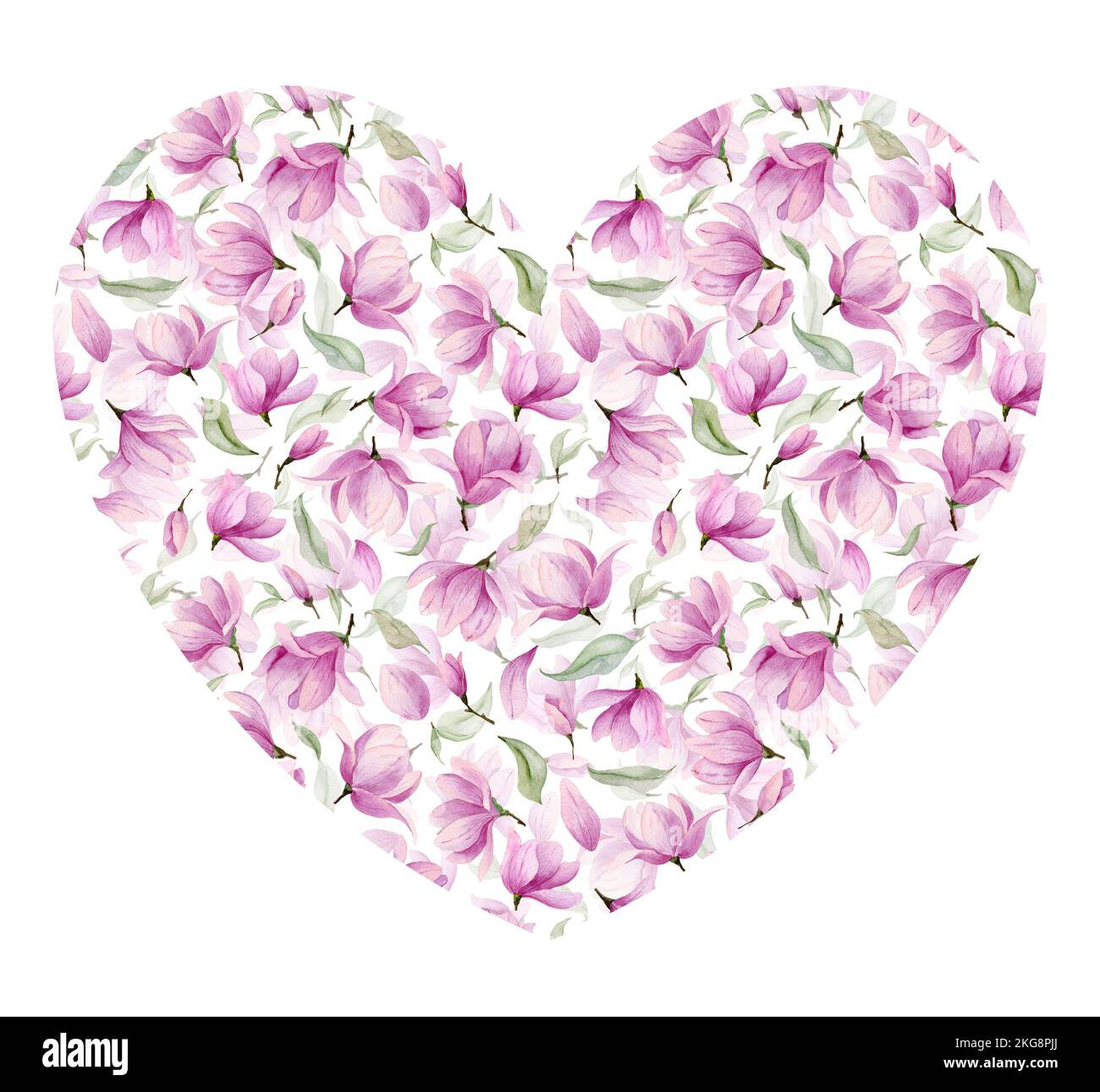 Floral watercolor Heart with pink flowers and green leaves. Hand drawn ...