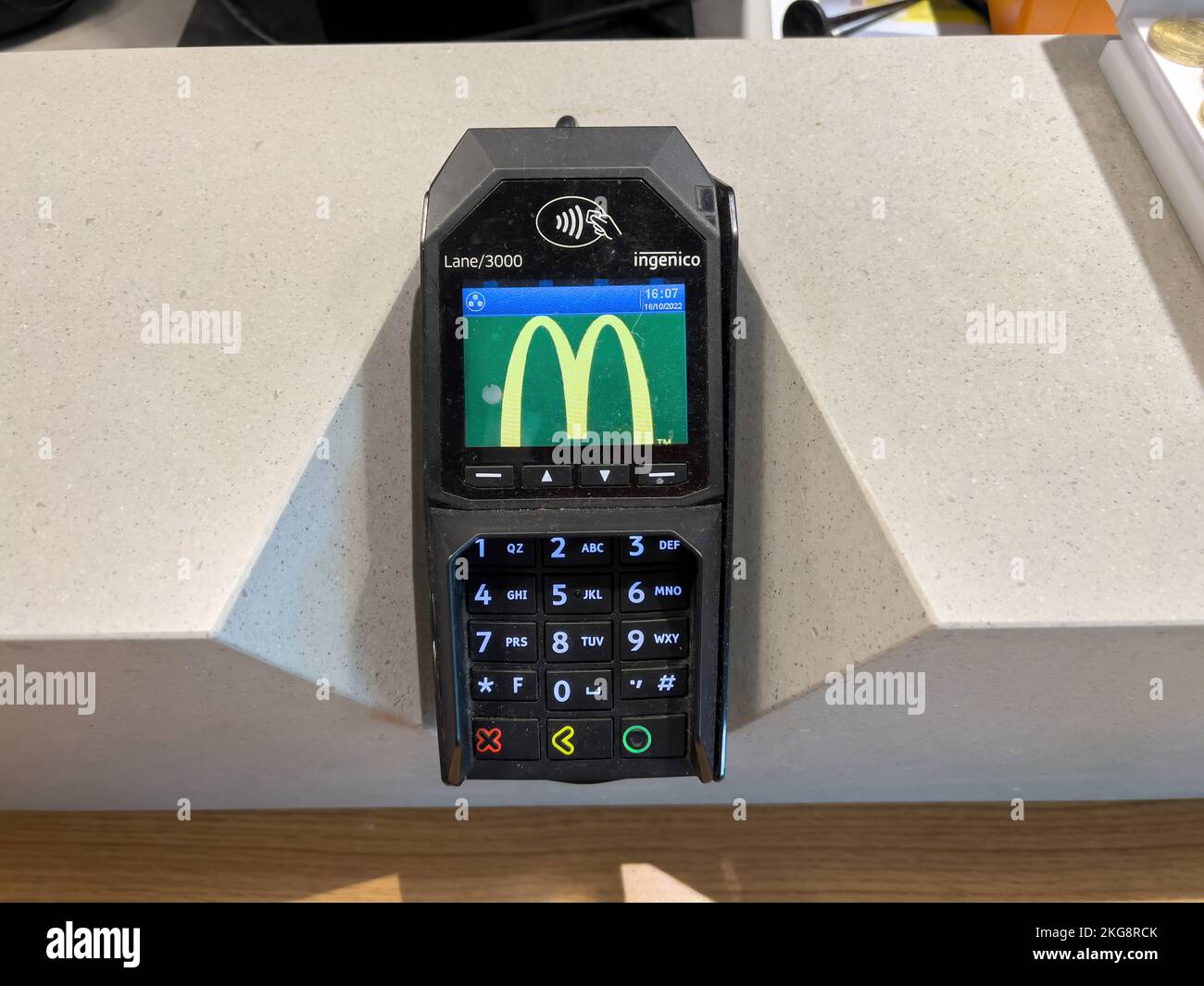 Paris, France - Oct 2, 2022: Dusty dirty Ingenico Lane 3000 pos card ...