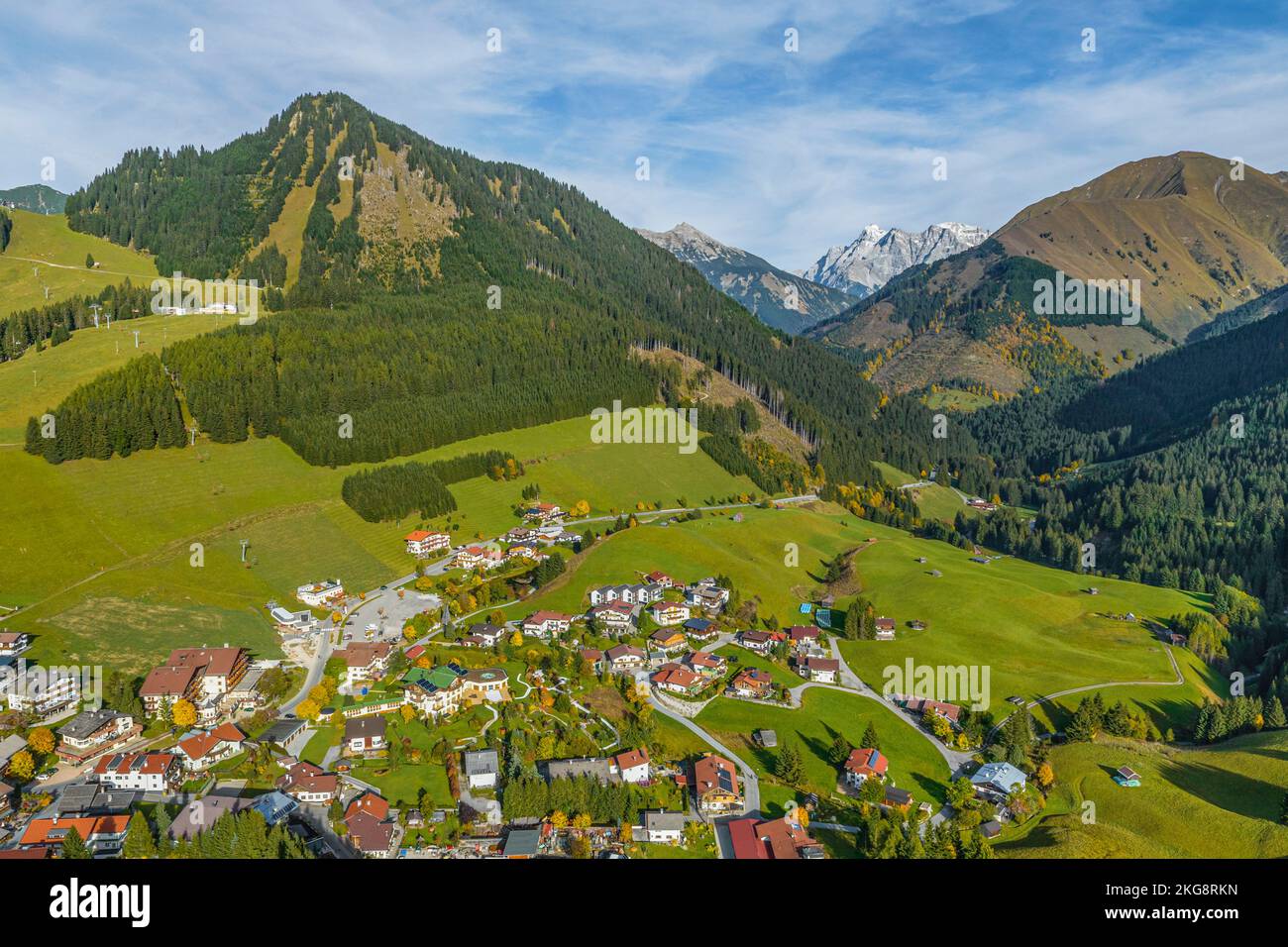 Berwang, a small village in the Tiroler Zugspitz-Arena from above Stock ...