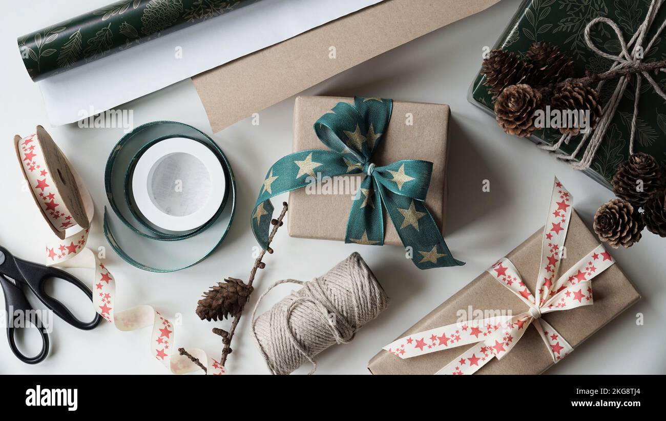Gift boxes tied with beautiful ribbons with pattern stars with bow ...