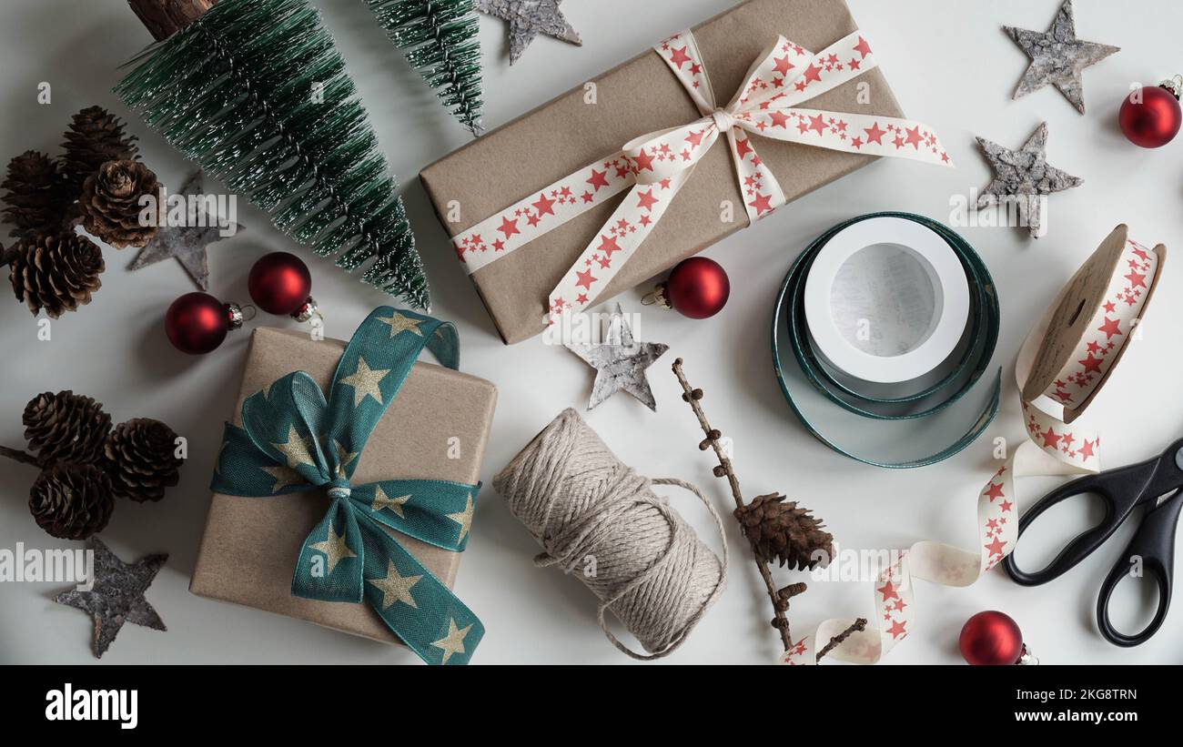 Gift boxes tied with beautiful ribbons with pattern stars with bow ...