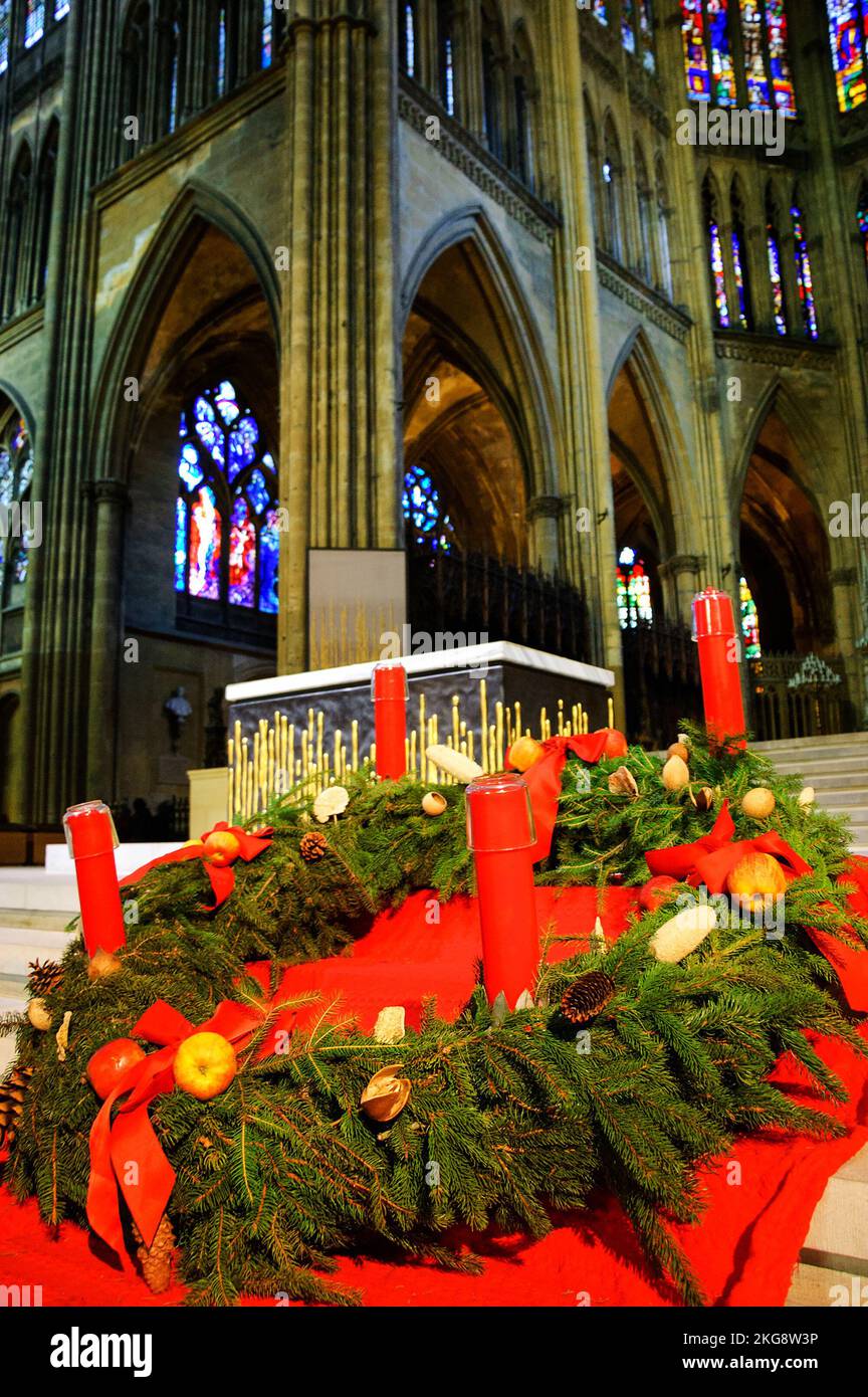 METZ, FRANCE - DECEMBER 19, 2015: Advent wreath with 4 candles near ...