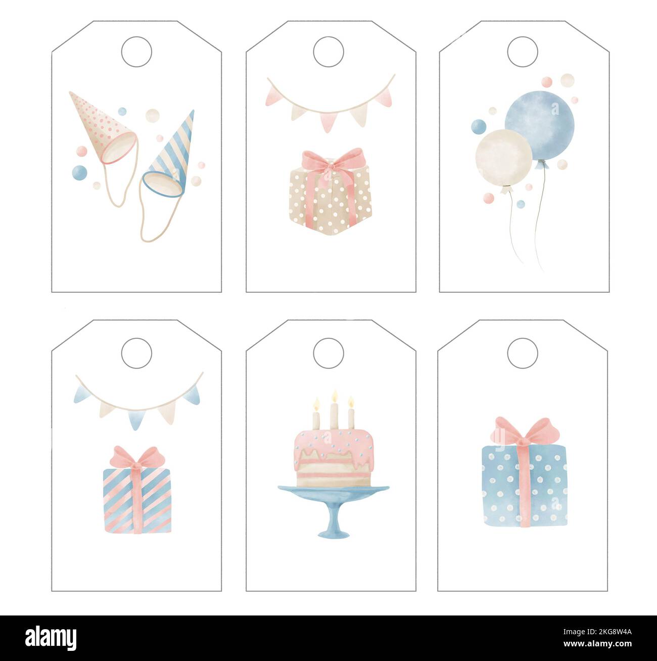 Birthday Tags template with Cake ad balloons for Gift boxes. Watercolor ...
