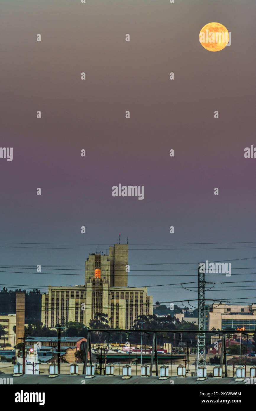 A vertical of blood moon over the East Los Angeles skyline in ...