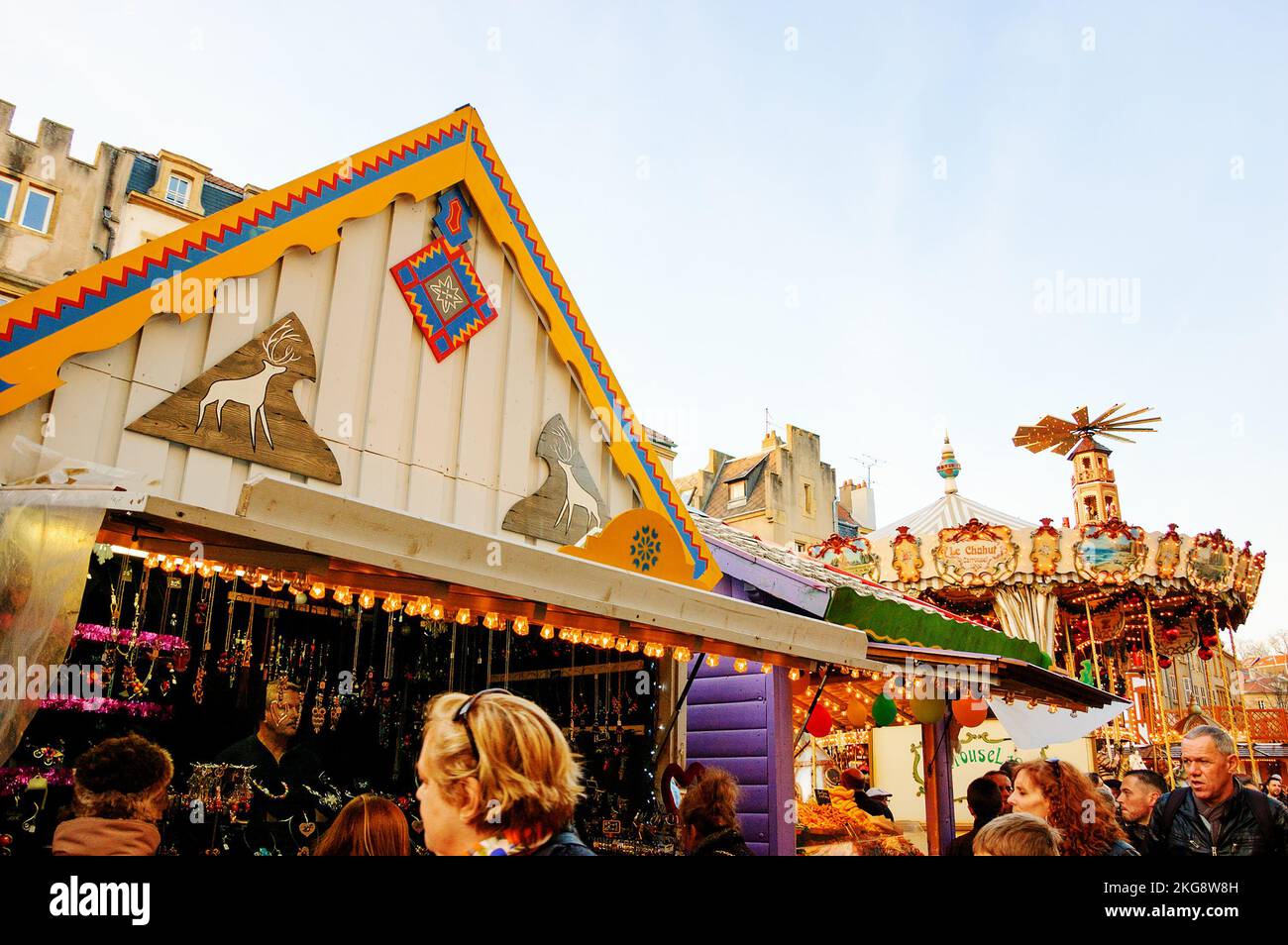 METZ, FRANCE - DECEMBER 19, 2015: Colorful Christmas market crowded ...