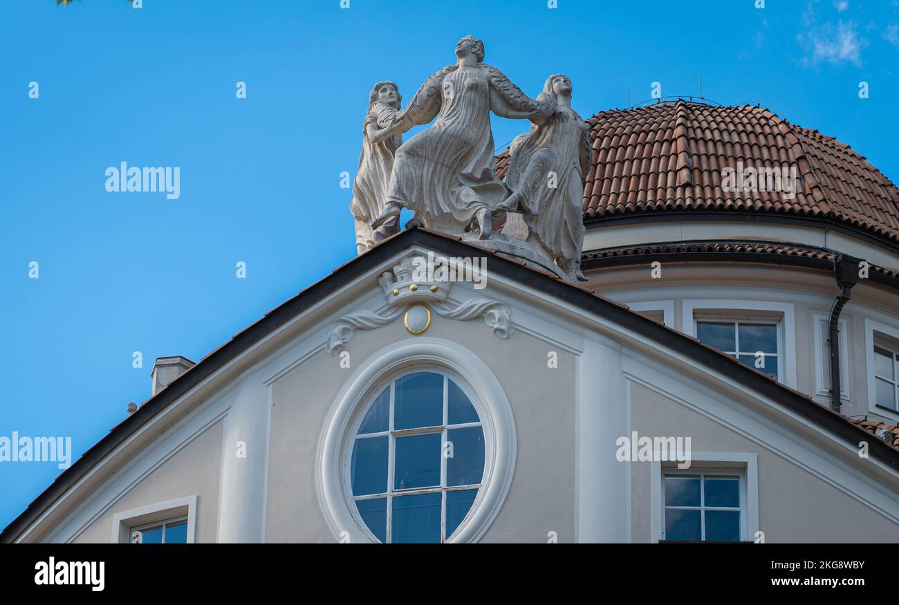 Merano (Meran) city: Details of the statue of dancing graces on the top ...