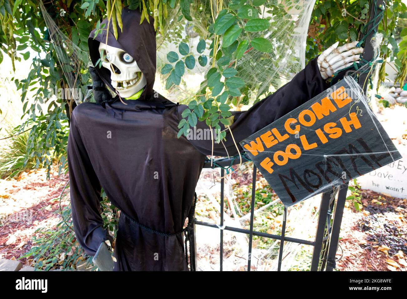 Halloween decoration Grim Reaper holding a sign "welcome foolish mortal ...
